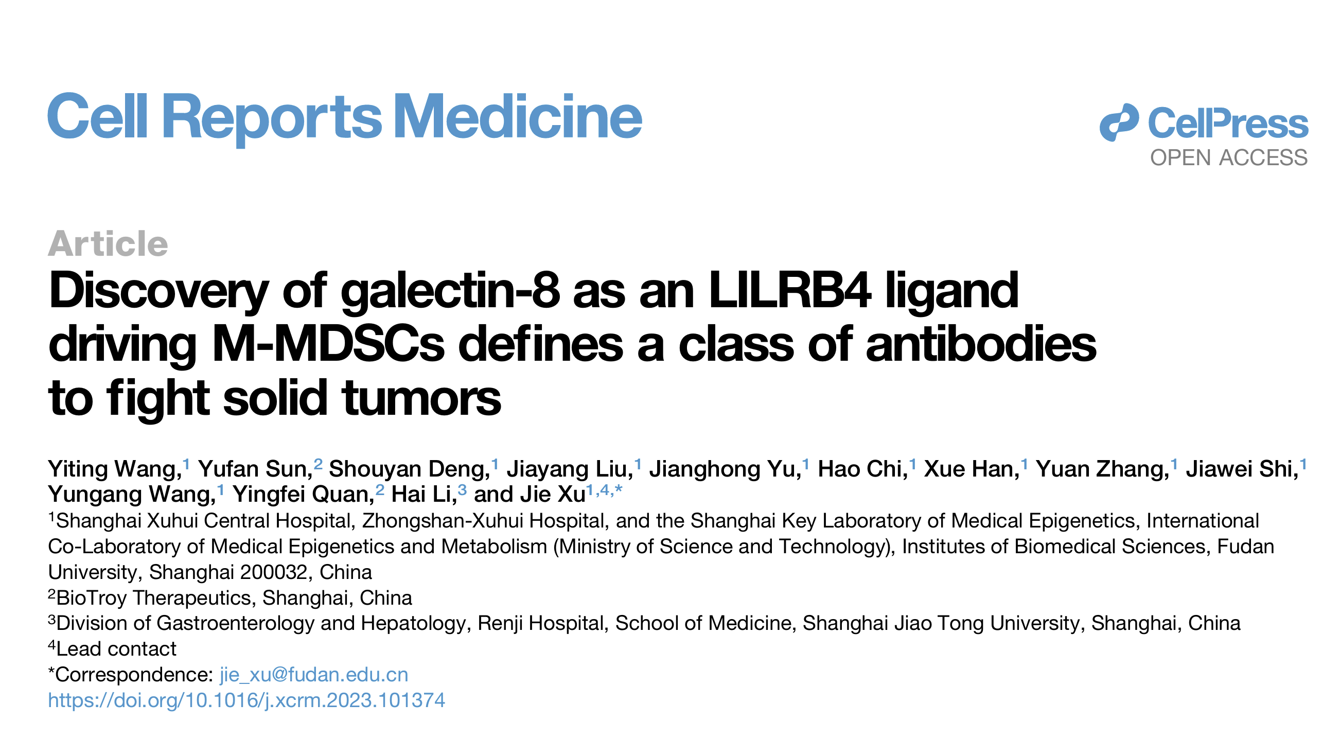 生物医学研究院许杰团队报道Galectin-8通过结合LILRB4诱导肿瘤微环境中M-MDSC的作用